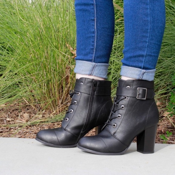 Shoes | Black Laceup Block Heel Booties | Poshmark